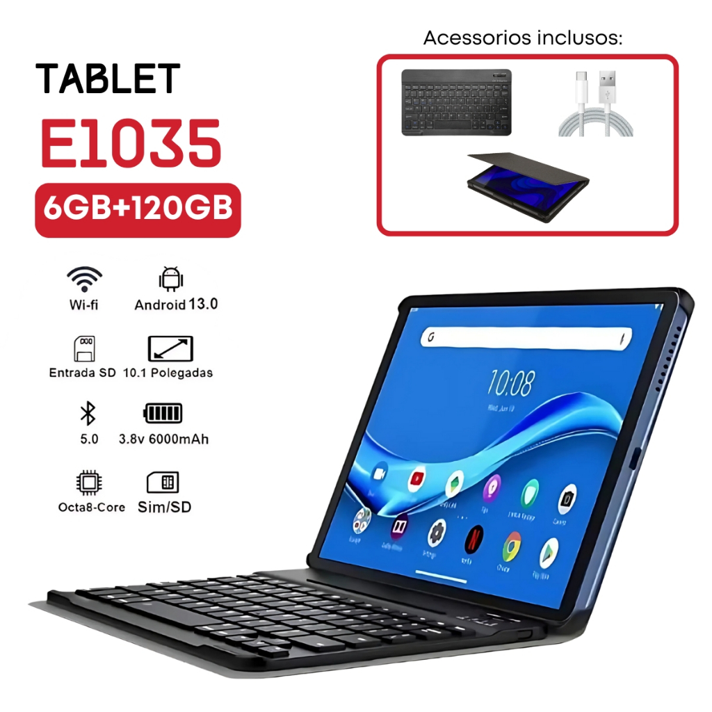 Tablet E1035 Android 13 Dual SIM, 6GB RAM, 128GB, Tela Full HD IPS ...