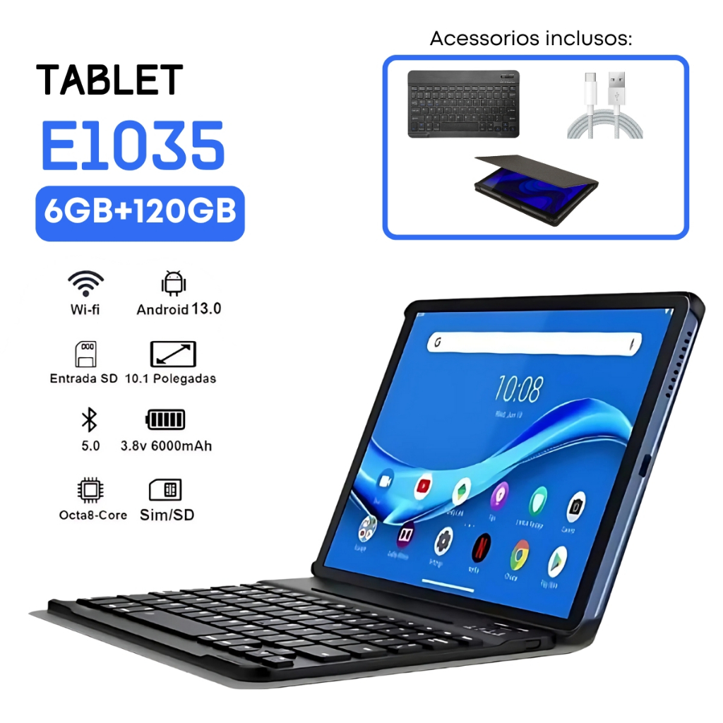 Tablet E1035 Android 13 – Dual SIM, 6GB RAM, 128GB, Tela Full HD IPS ...