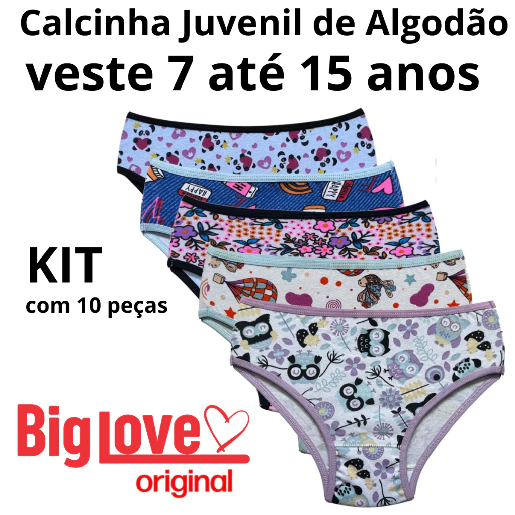 Kit com 5 Calcinhas Juvenil de Algodão ( Cotton ) Menina Moça Veste 7 ...