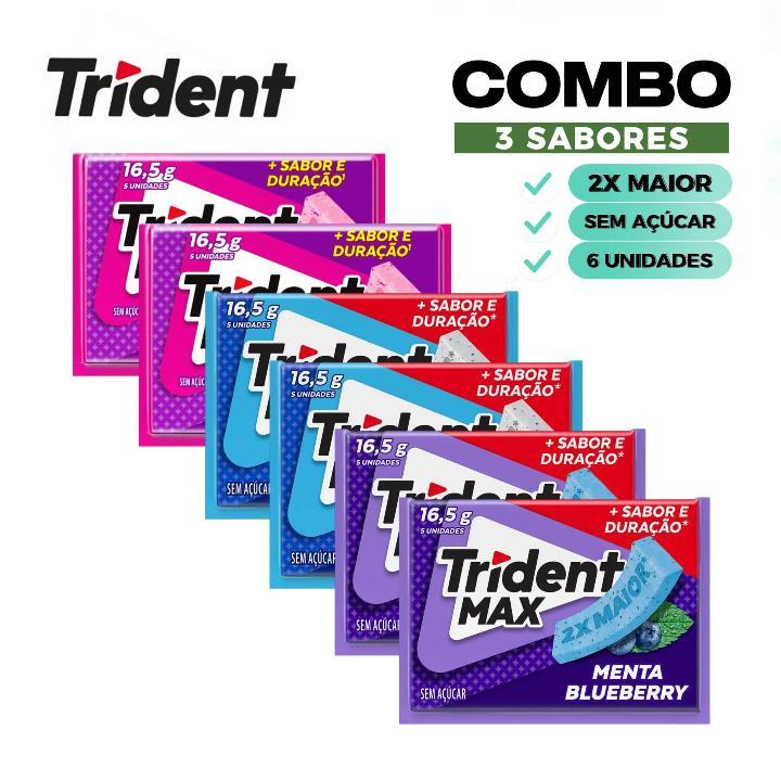 Kit 6x Goma de Mascar Trident Max 2x Maior 3 Sabores Sem Açúcar 6x16,5g ...