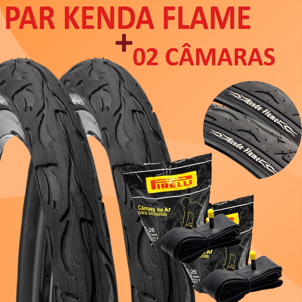 Par Pneus Kenda Flame + 2 Camaras Pirelli Aro 26 Bico Grosso Americana ...