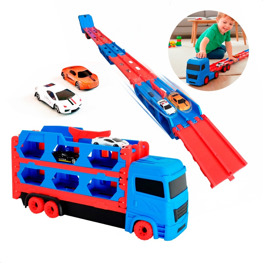 Caminhão De Brinquedo Vira Pista Dupla 1,55M Com 2 Carrinhos Maleta ...