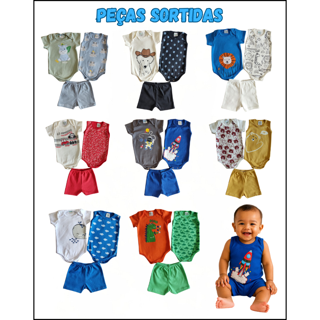 Kit 3 a 12 Peças Body de Bebê Menino Manga Curta Roupa de Bebê Sortido ...