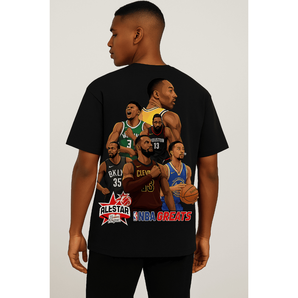 Camiseta Oversized Masculina NBA 100% Algodão Estampa All Star Basquete Caricatura Jogadores ...