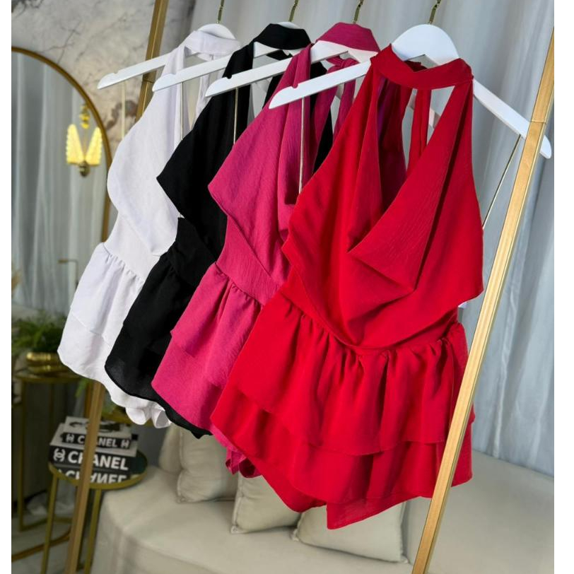 Conjunto Pedrita short saia de babado cascata rodada rufle cropped gola ...