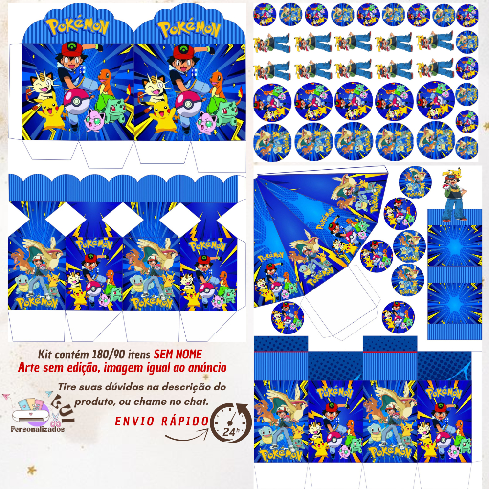 KIT COM 180/90 ITENS LEMBRANCINHAS S/COM NOME TEMA:POKEMON (Envio ...