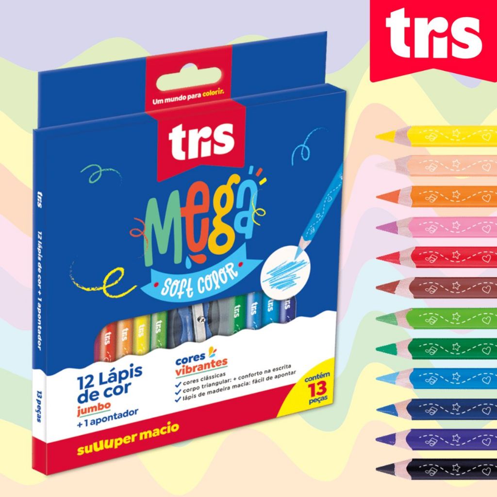 Lápis de Cor Jumbo Tris 12 Cores Mega Soft + Apontador | Shopee Brasil