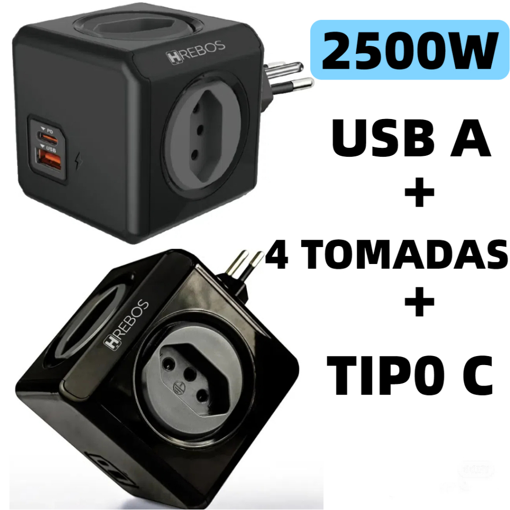 Adaptador Carregador Cube Com 4 Tomadas, Usb-a E Tipo-c Cube Adapter 2500W CRG-236/5 TOMADAS CRG ...