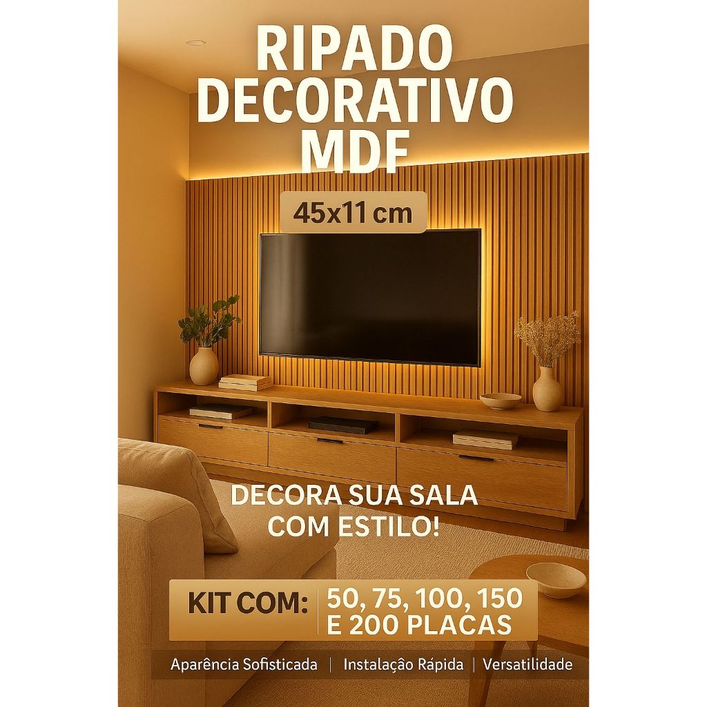Kit 200 Placas Ripadas Revestimentos Painel MDF 45x10cm -VÁRIAS OPÇÕES ...