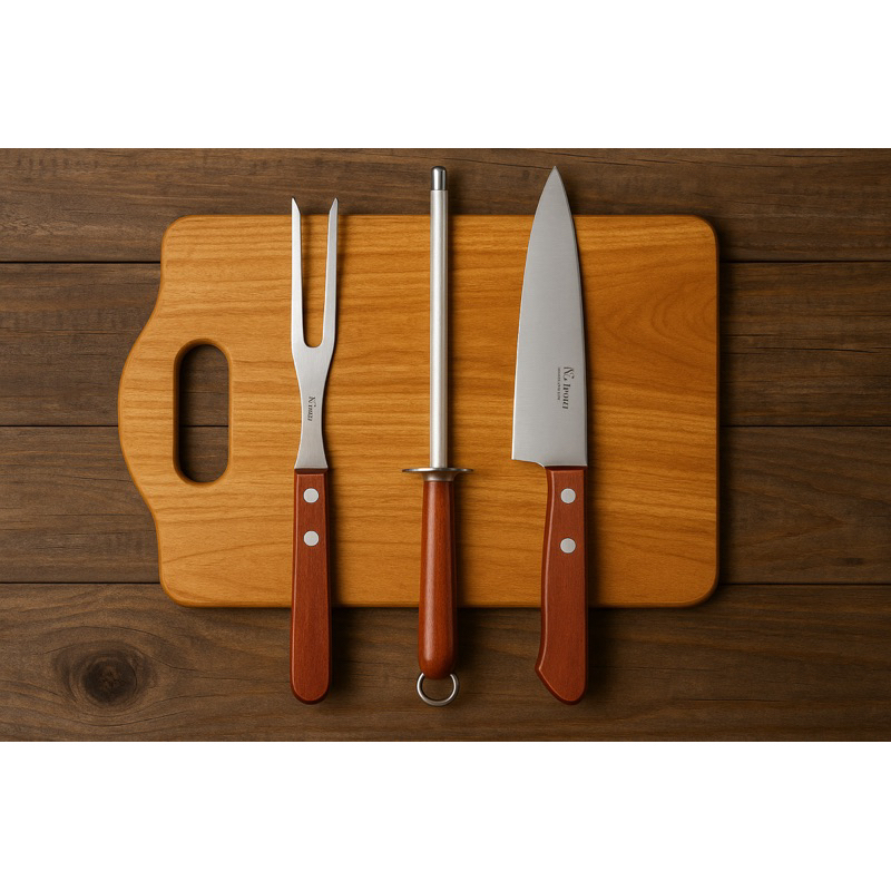Kit Churrasco 3 Peças Faca, Garfo e Chaira Cabo de Madeira Aço Inox ...