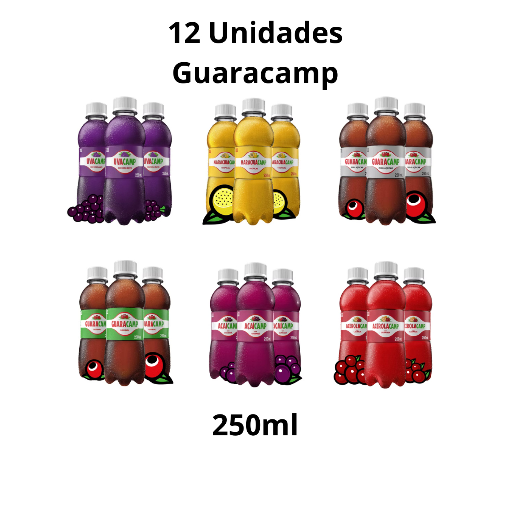 Kit 12 Garrafinhas 250ml Guaracamp Sortidas | Guaraná, Açaí, Uva ...