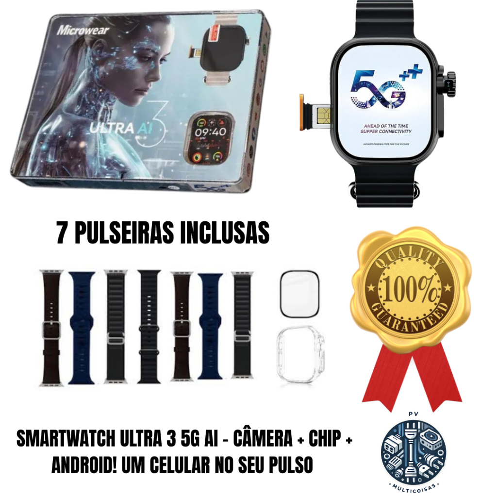 Relógio Smartwatch 5G Microwear Ultra Ai3 De Chip, Câmera, 7 Pulseiras ...