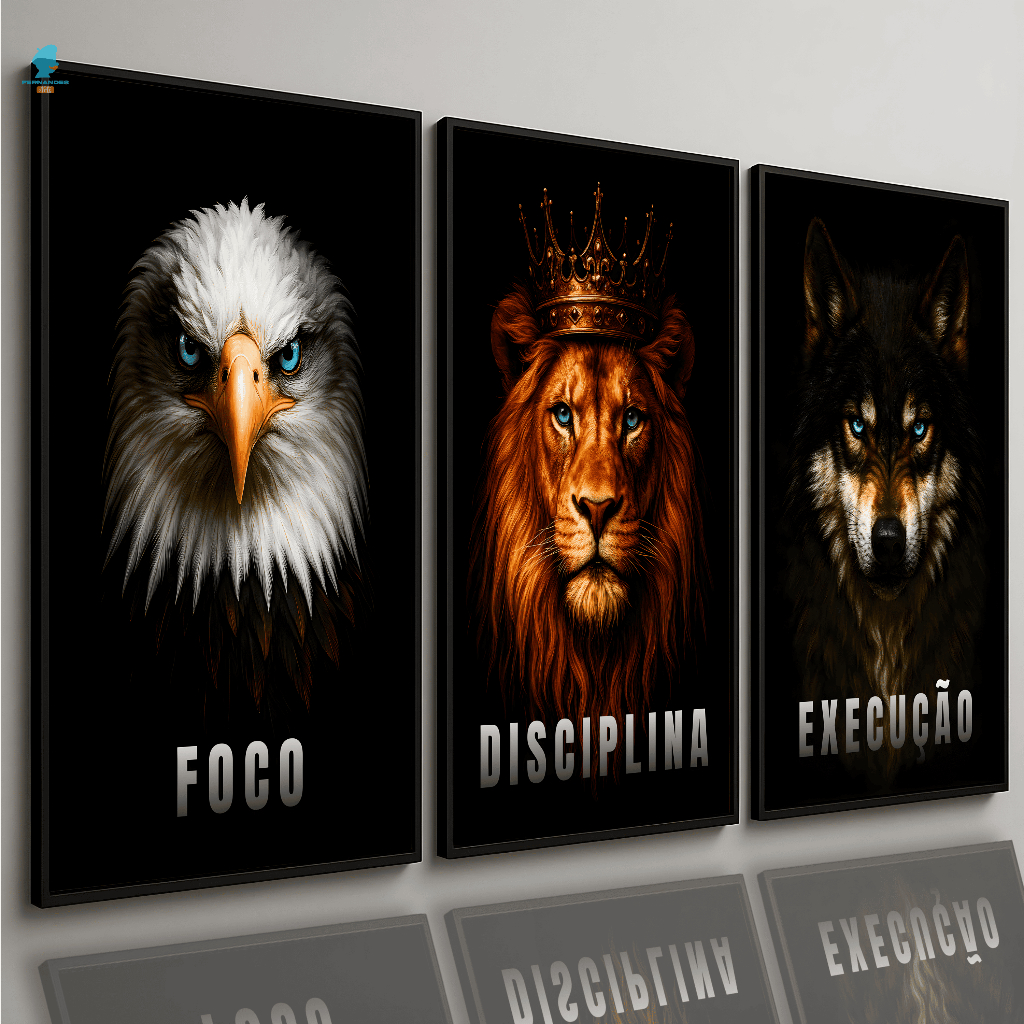 Quadros Decorativos Trio Motivacional Foco Disciplina Leão Lobo Águia ...