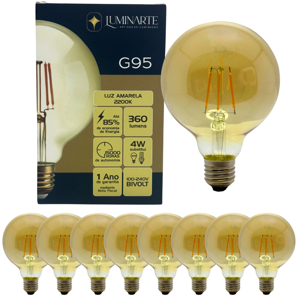 Kit 8 Lâmpada Filamento G95 Led Retrô Âmbar Bivolt 4W 2200K E27 LUZ ...