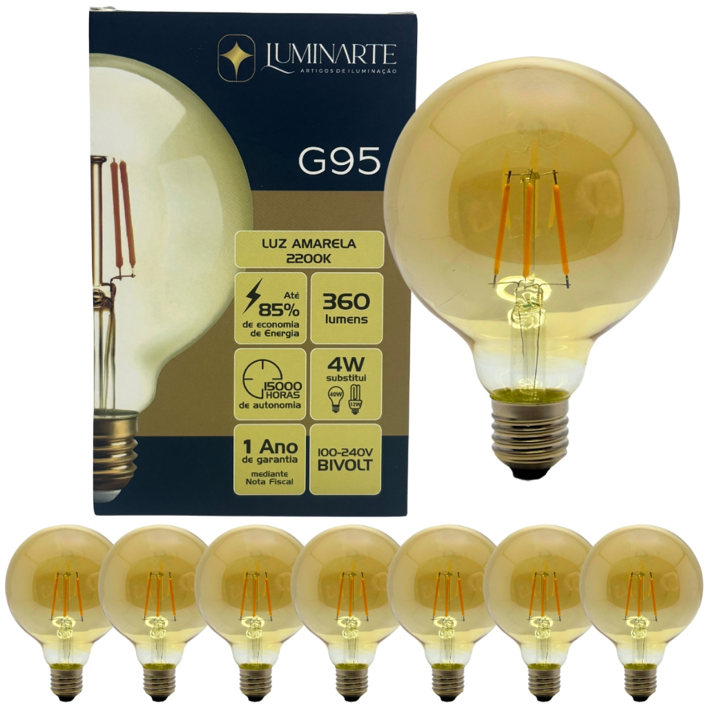 Kit 7 Lâmpadas Filamento Led G95 Âmbar Bivolt 4W 2200K Luz Amarela ...