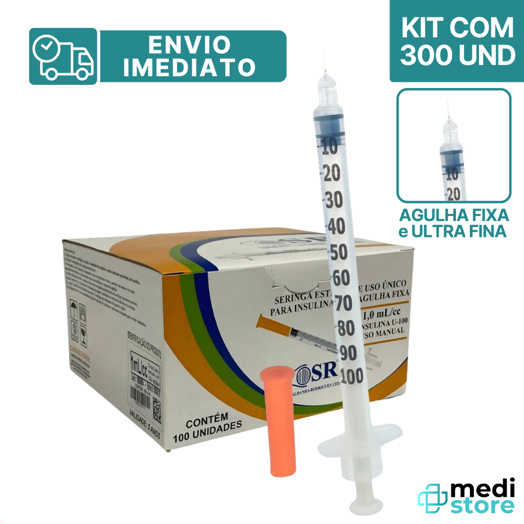 Kit com 300 - Seringa de Insulina Botox 1ml 100UI com Agulha Fixa Ultra ...