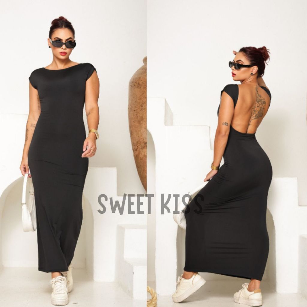 Vestido Feminino Midi Suplex Justo Colado Longo Decote Costas Nua Gola ...