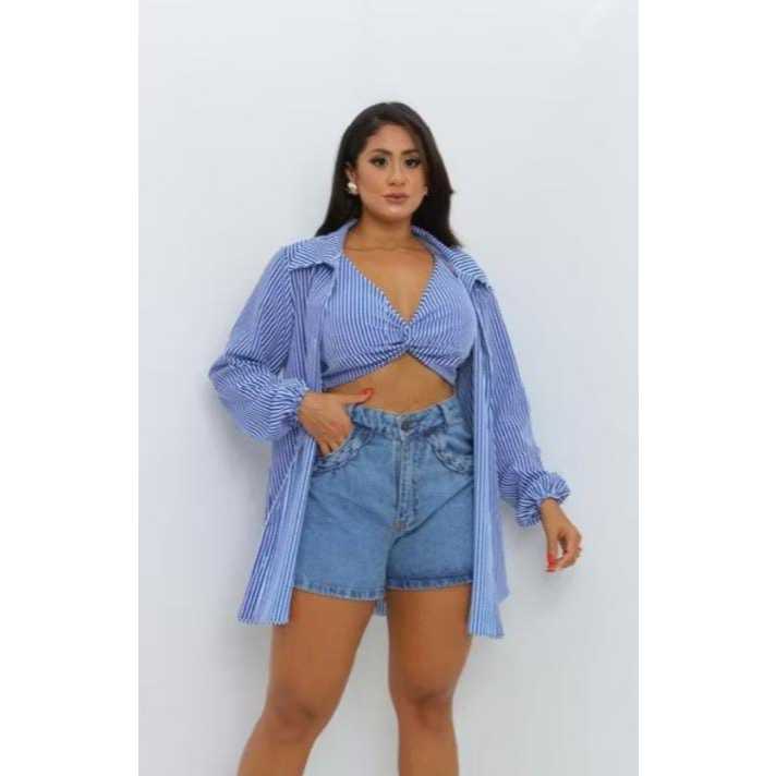Conjunto Shamise Listrado - Top com Amarração e Camisa Estilo Shamise ...