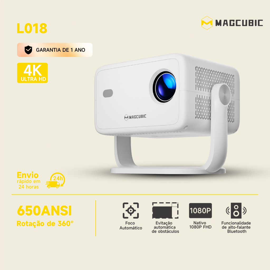 MAGCUBIC Projector L018 650ANSI Android11 Foco Automático 4K Wi-Fi6 Com ...