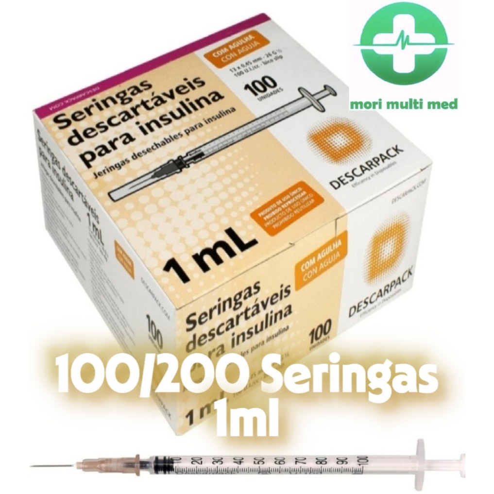 Seringa Insulina Botox 1ml 100UI 13x0,45mm Agulha Ultrafina 26G 100 / ...