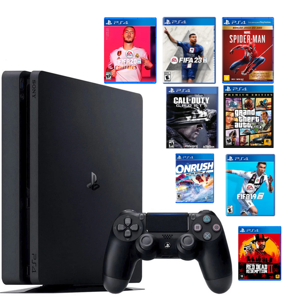 Sony Playstation 4 1000gb Ps4 Slim + 1 Controle + 8 Jogos Caixa e Cabos ...