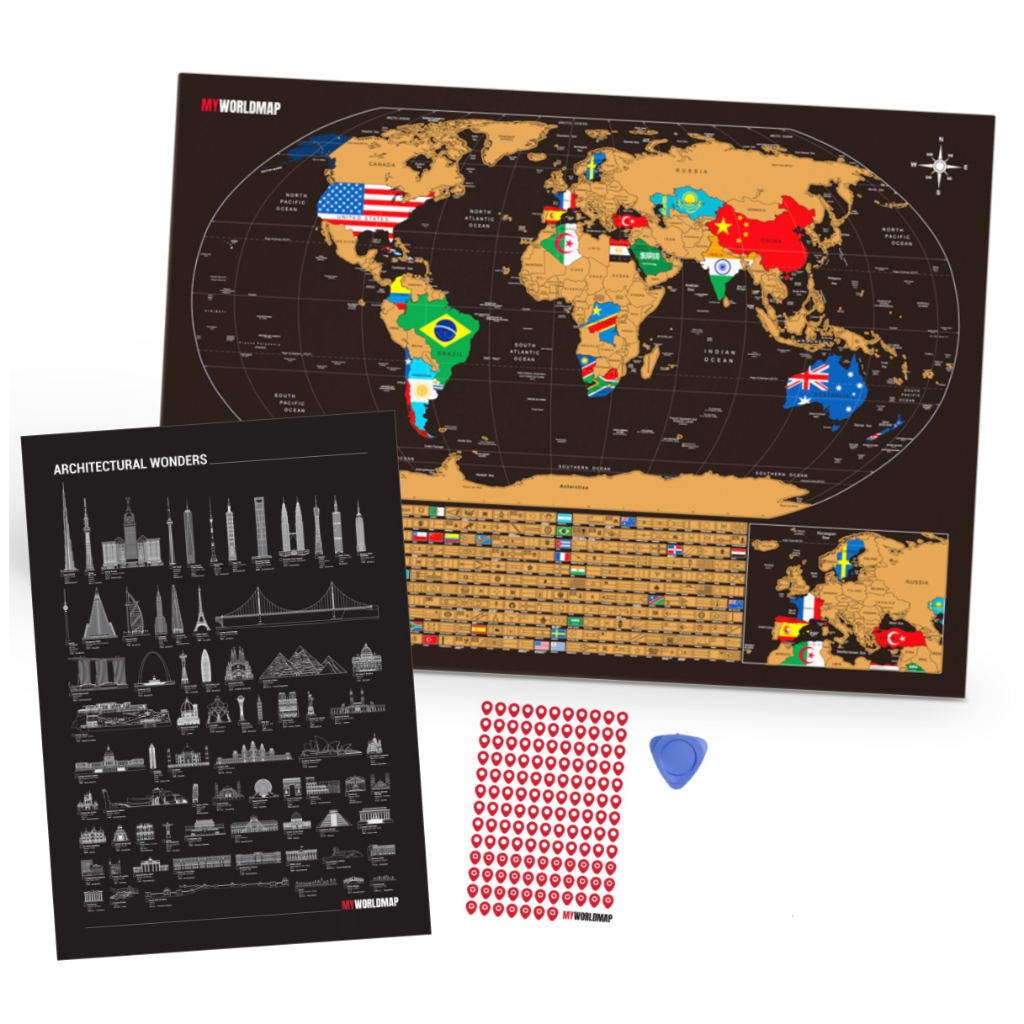 Kit Mapa Mundi Raspar Viagens Flags e Lista Maravilhas do Mundo e ...
