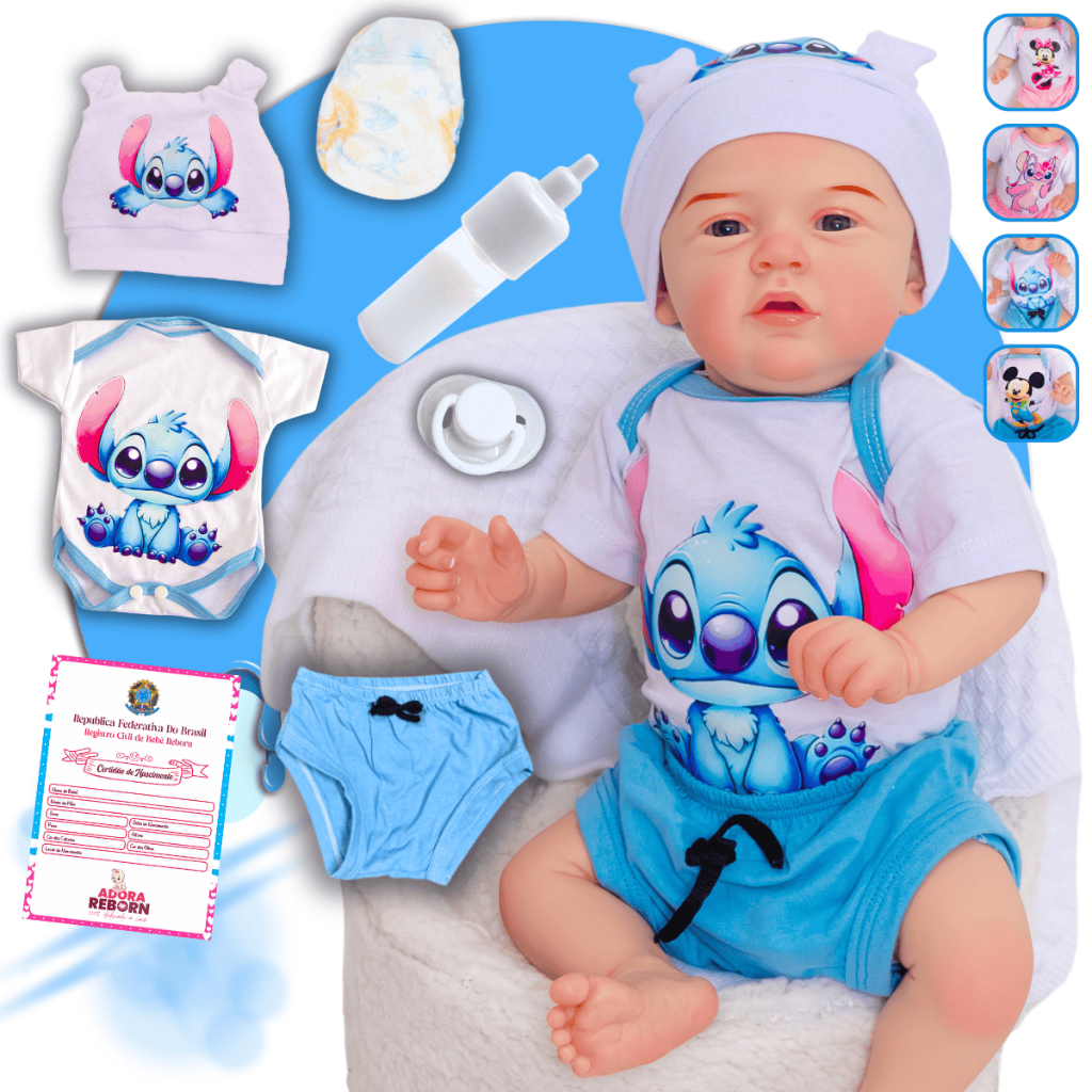 Bebê Reborn Boneco Menino Realista Stitch Original Corpinho em Silicone ...