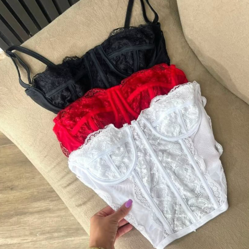 Corset Renda Cropped Feminino Corselet Alça Com Regulagem Tendencia ...
