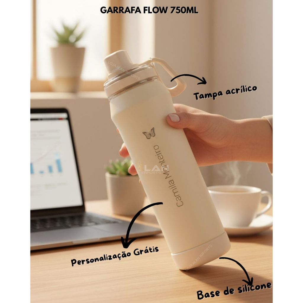 Garrafa térmica inox personalizada 750ML Flow + base de silicone e ...