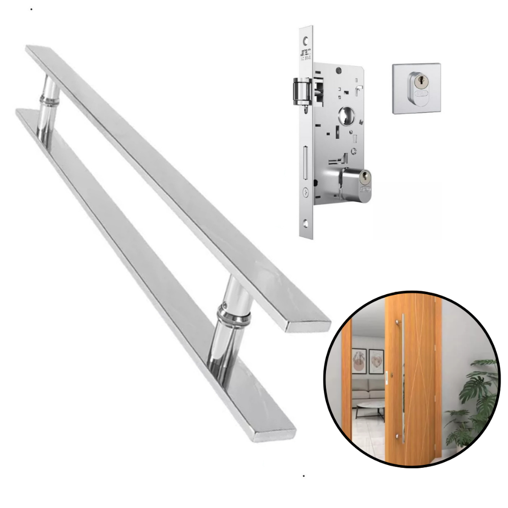 Kit Porta Pivotante Puxador Aço Inox 304 Polido Barra Chata H 80cm ...