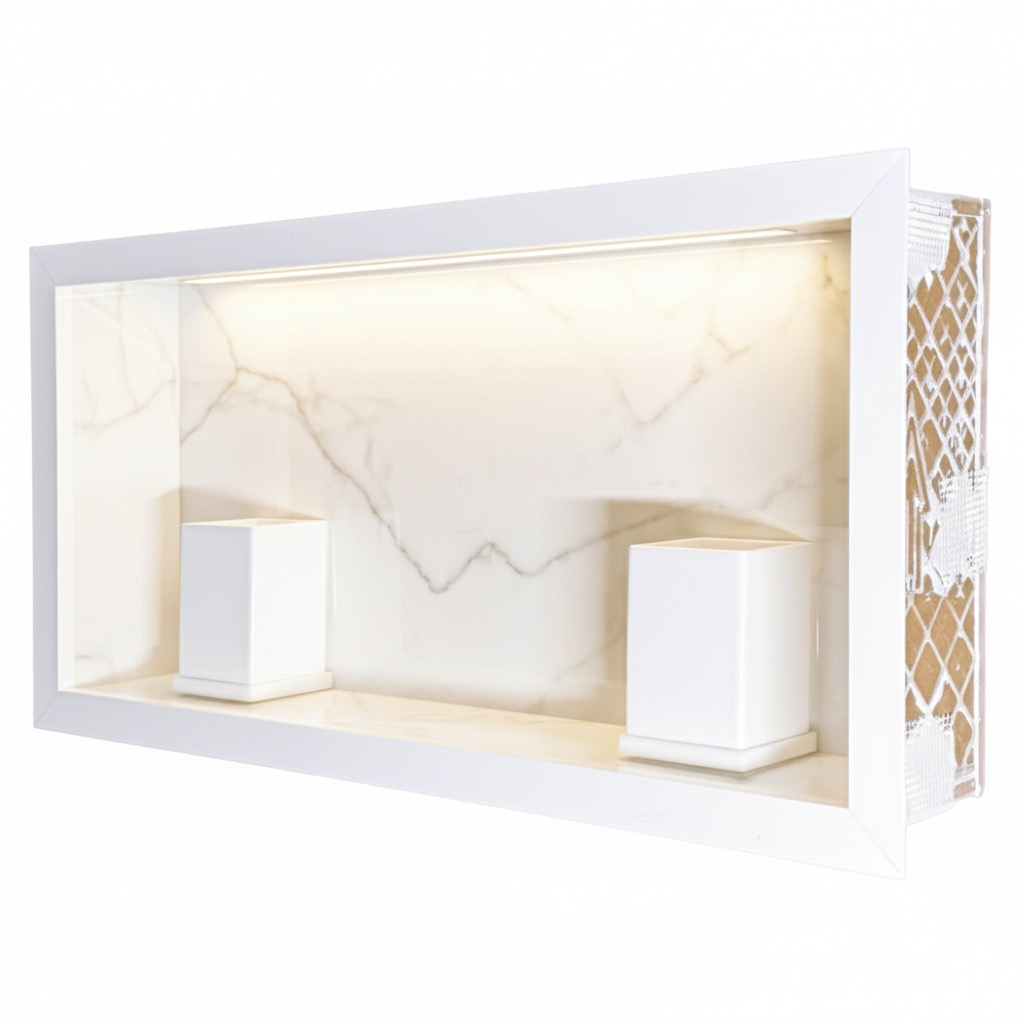 Nicho Banheiro box em porcelanato carrara 30x70x11 com LED e bordas em ...