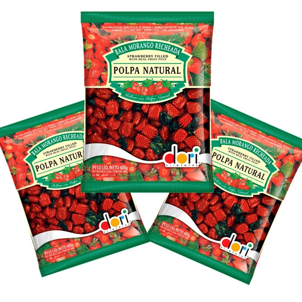 Bala de Morango Recheada com 3pct de 600gr DORI - Guirlanda | Shopee Brasil