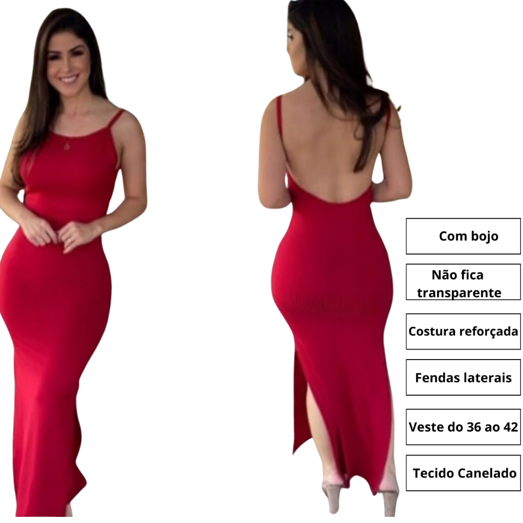 Vestido Longo Vermelho Natal Festa Final de Ano Costa Decote Fenda ...