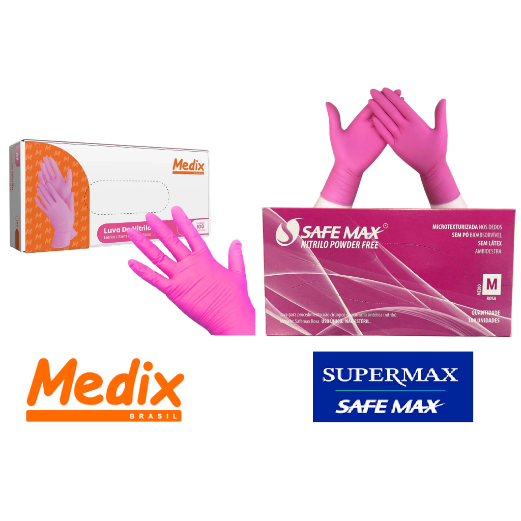 Luva de Nitrilo Rosa Sem Pó Cx 100 und - Medix ou Safemax | Shopee Brasil
