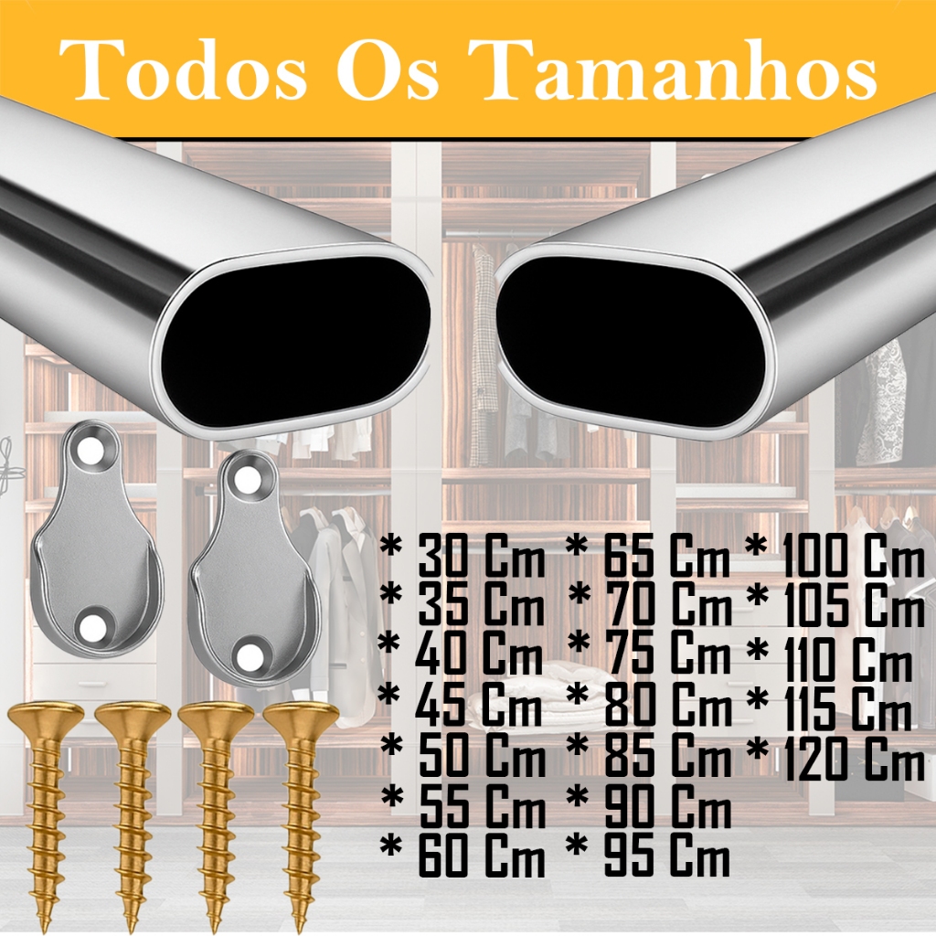 Kit Cabideiro Varão Oval Cromado Reforçado P/ Guarda Roupa Closet e ...