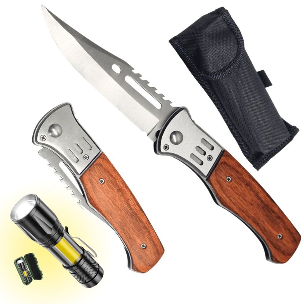 Kit Canivete de Madeira Aço Inox Dobrável Automático + Mini Lanterna ...