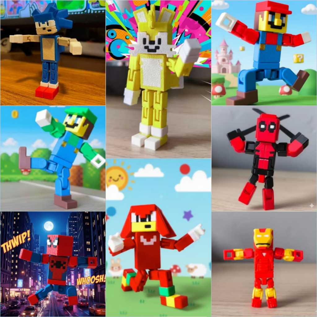 Kit Bonecos Articulados Estilo Bloco (Sonic, Tails, Homem Aranha, Homem ...