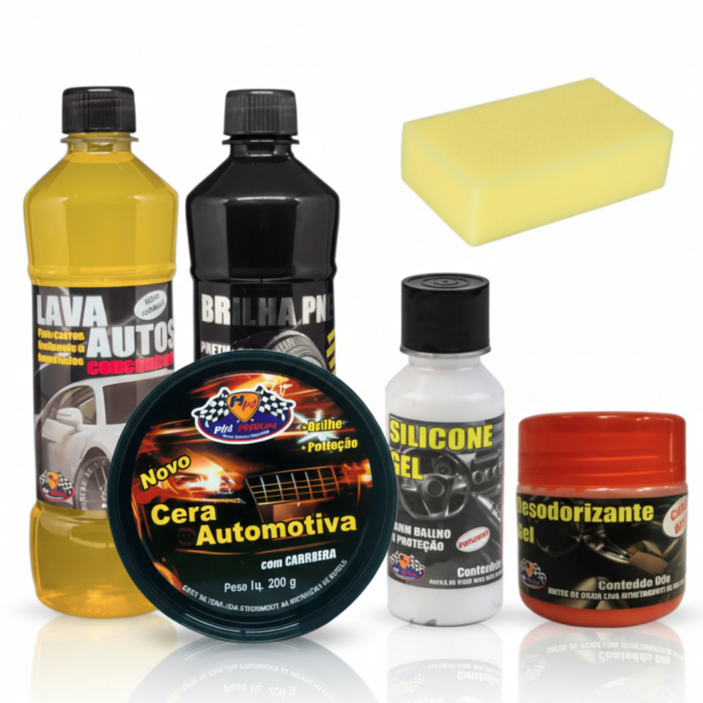 KIT LAVA AUTO COM CERA 5 EM 1 COM LAVA AUTOS / PRETINHO / SILICONE ...