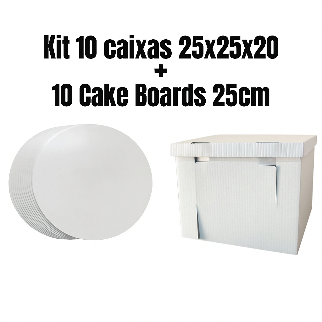 Kit 10 Caixas Para Bolo 25x25x20cm e 10 Cake Board 25cm MDF Confeitaria ...