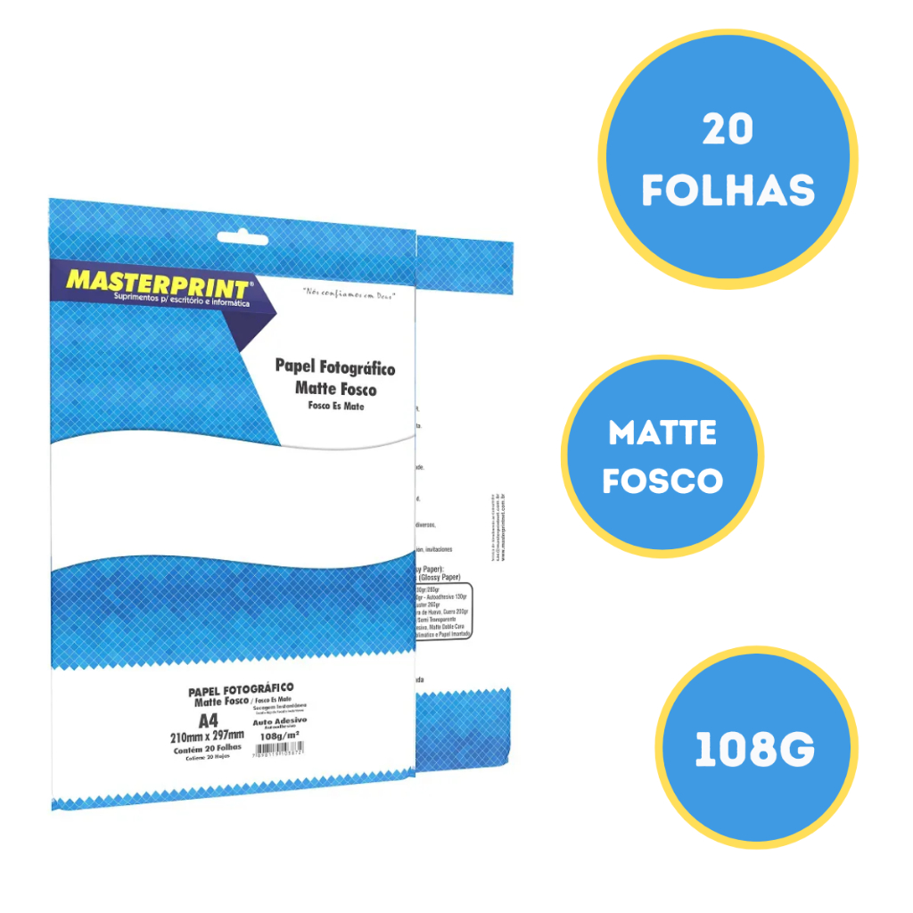 PAPEL FOTOGRAFICO MATTE FOSCO ADESIVO A4 108G C/20F - MASTER | Shopee ...