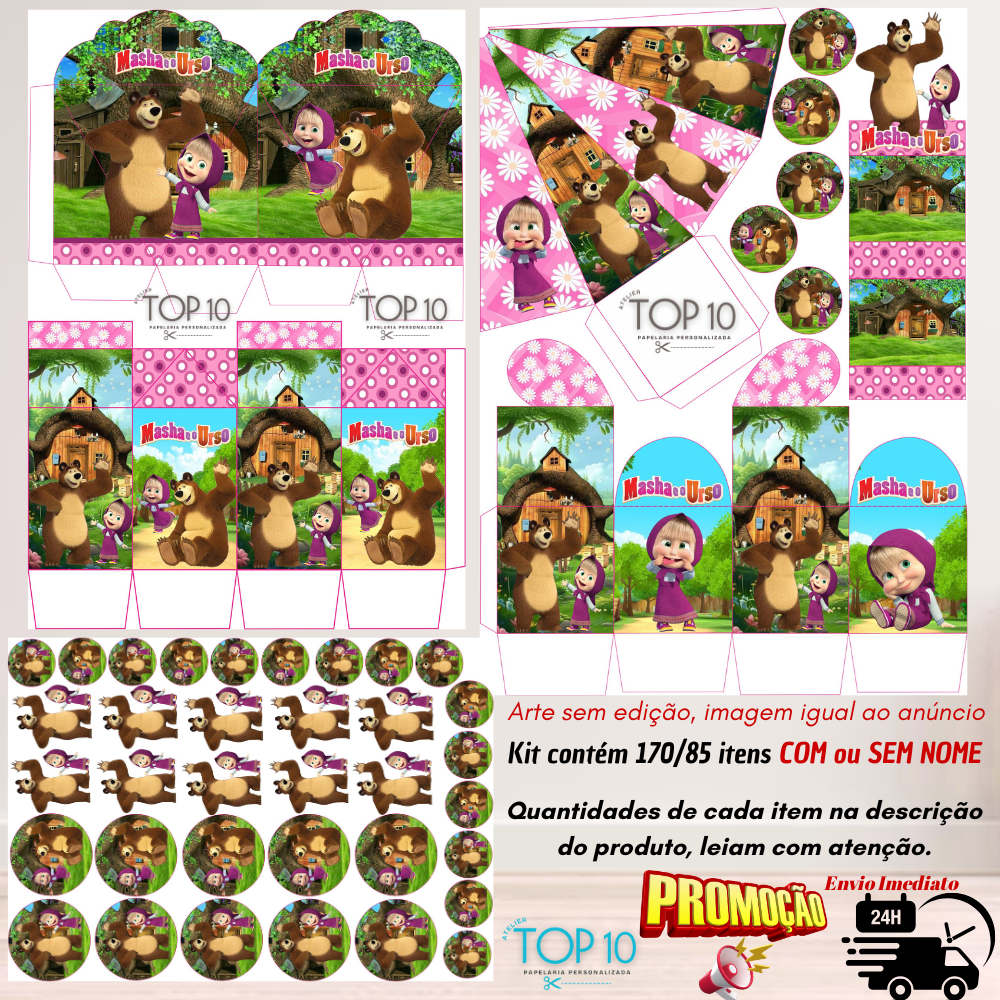 Kit de Lembrancinhas Personalizadas com 170/85 itens TEMA: MASHA E O ...