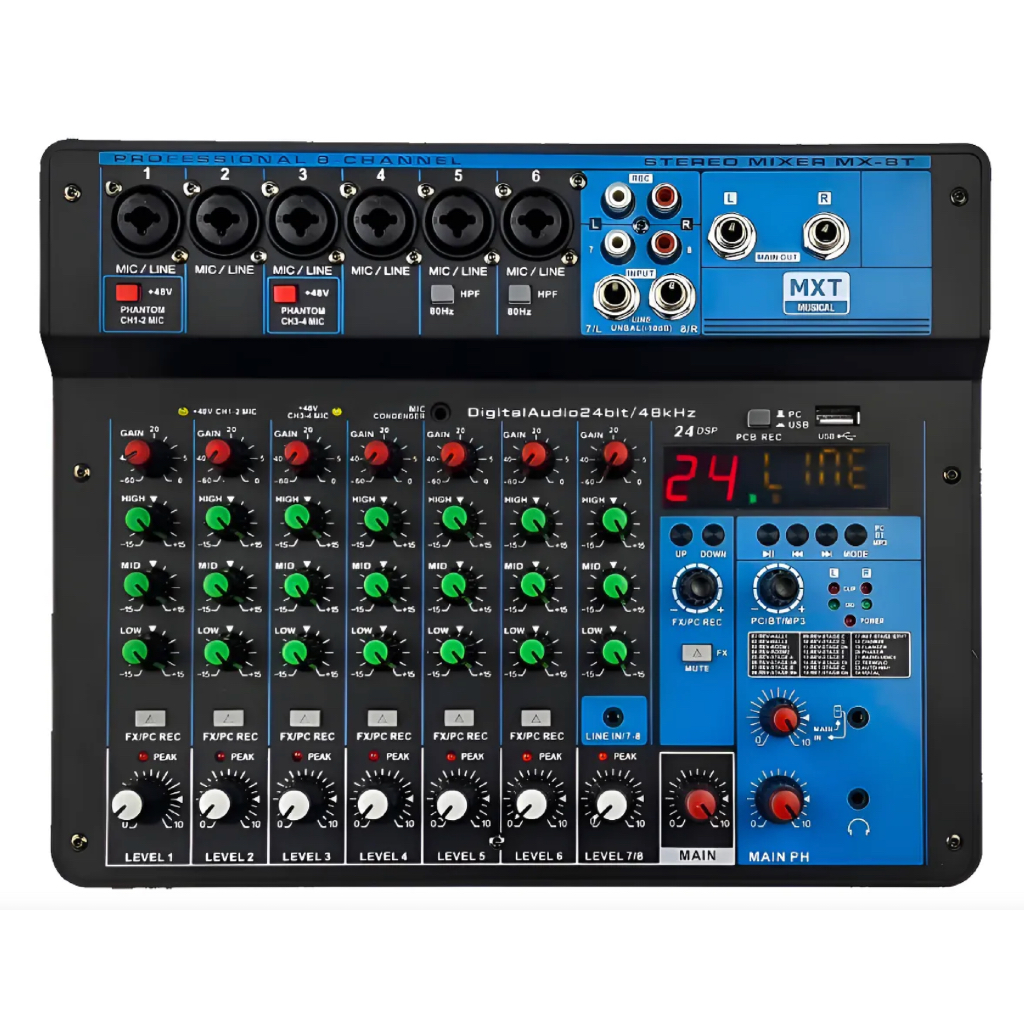 Mesa De Som 8 Canais Interface Usb Bluetooth Mxt Mx-8t 24 Efeitos ...