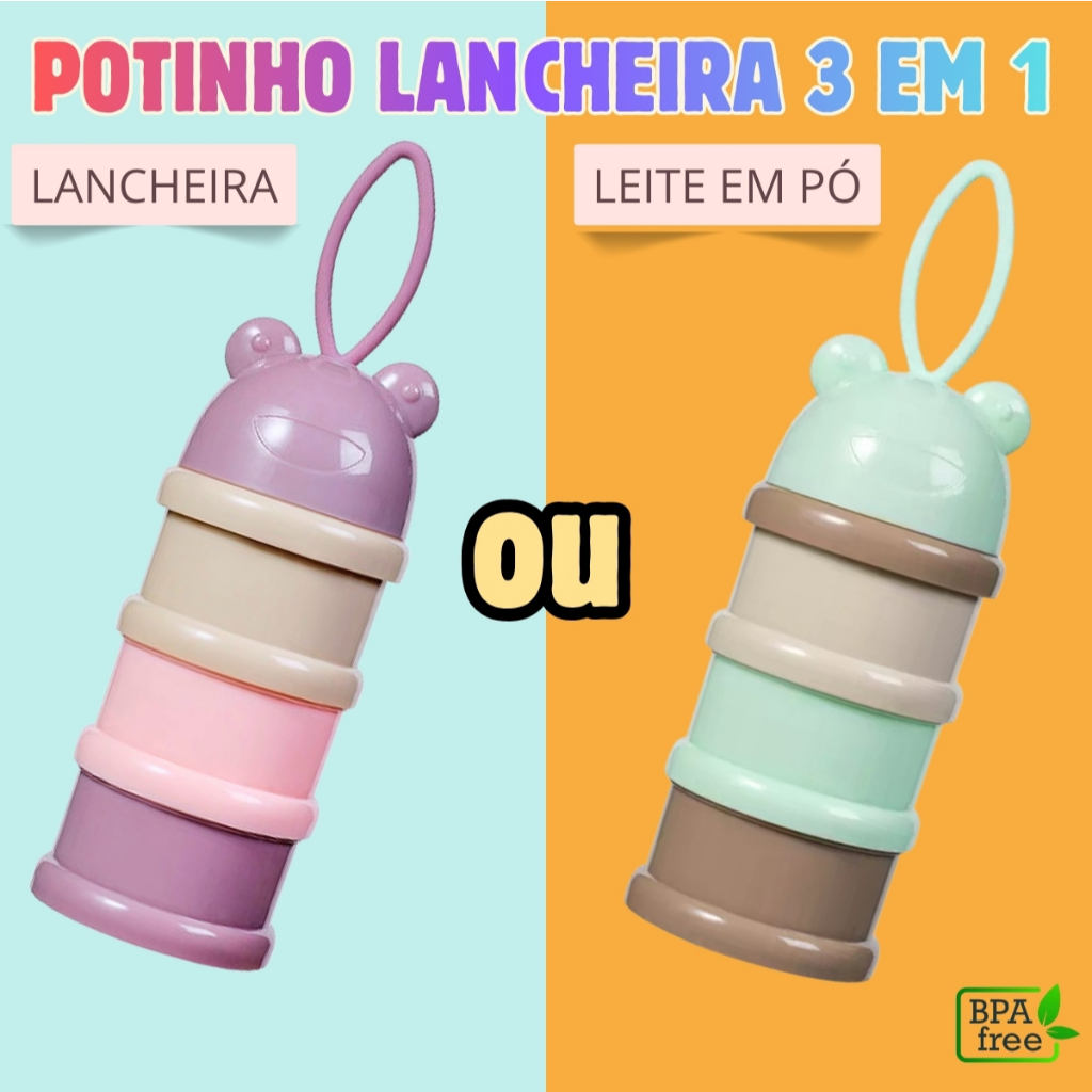 Lancheira Pote Empilhável 3 em 1 Porta Leite em Pó c/ Dosador Escola ...