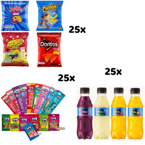 Kit 75 Itens - 25 Salgadinhos Elma Chips + 25 Sucos Del Valle 200ml ...