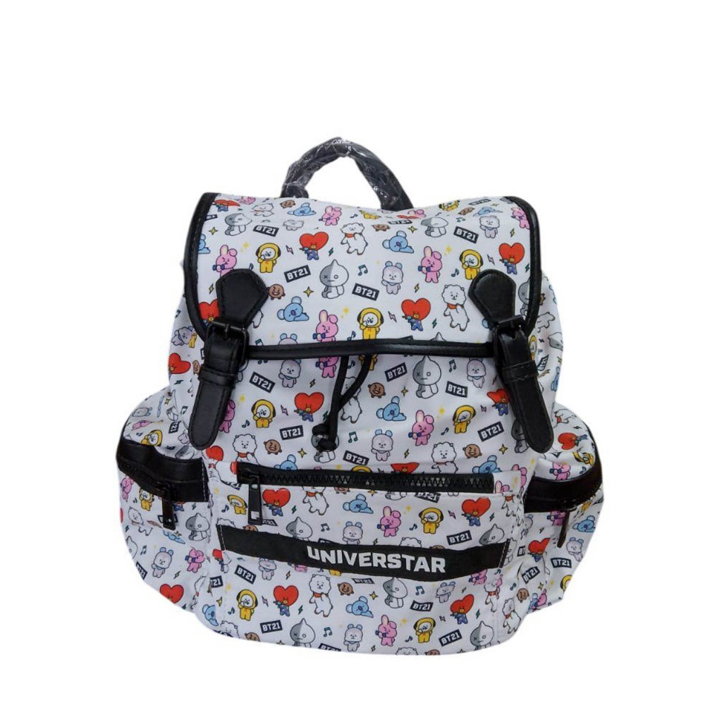 Mochila de Costa Infantil Tipo Saco BT21 Branca, leve e prática para organizar itens das ...