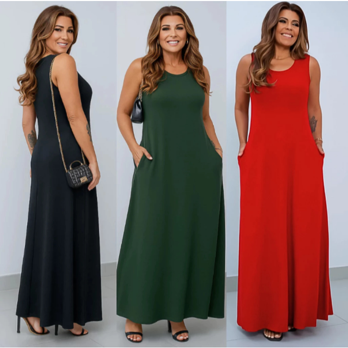 Vestido Eva Feminino Longo Com Bolso Slim e Plus Size Regata Folgadinho ...