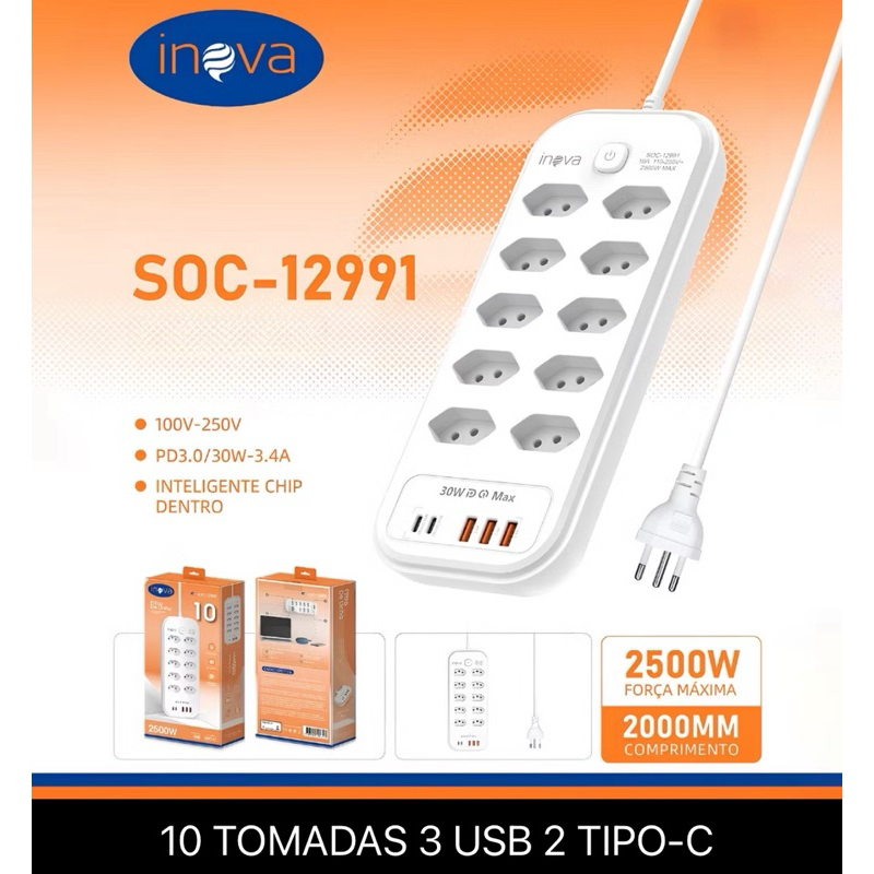 Filtro de Linha Inova 10 Tomadas – 3 USB + 2 Tipo-C 30W | Cabo 2m ...