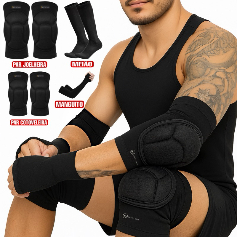 Kit Master Joelheira Cotoveleira Meião Manguito Vôlei Futsal Goleiro ...
