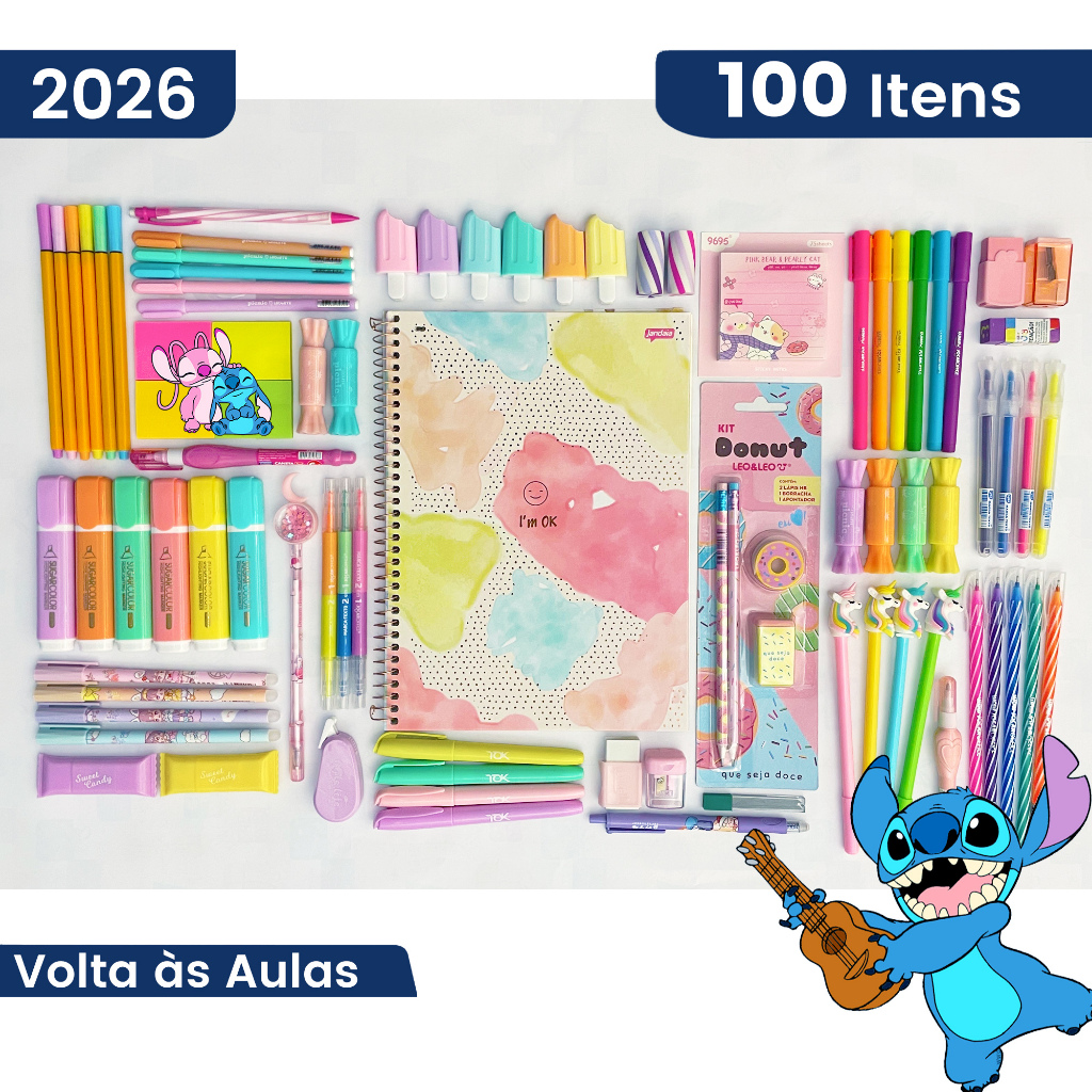 Kit Papelaria 100 Itens 2026 Caderno de Matéria Pastel Colorir Kawaii ...