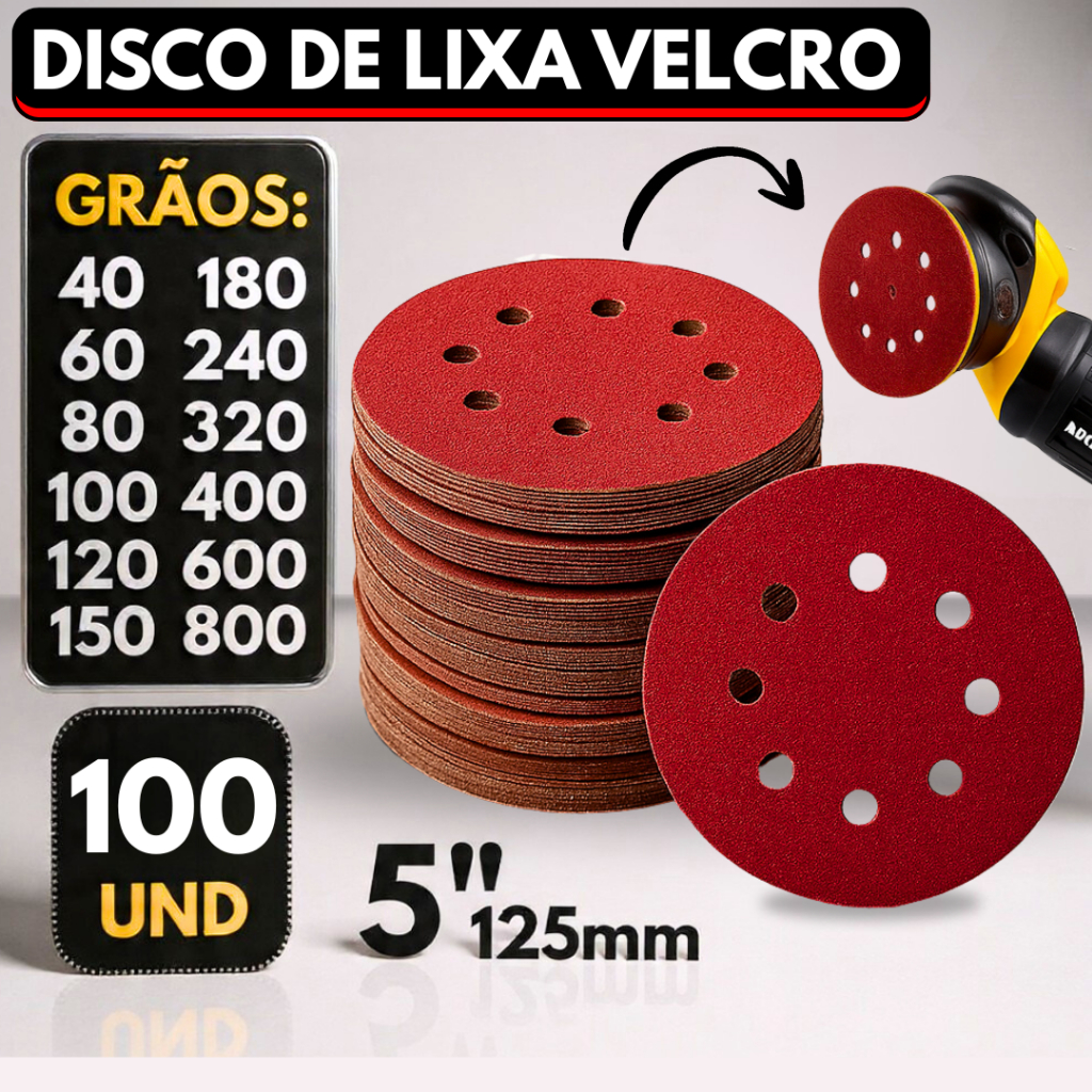 Kit 100 Disco de Lixa Velcro Circular 125mm 8 Furos Roto Orbital ...